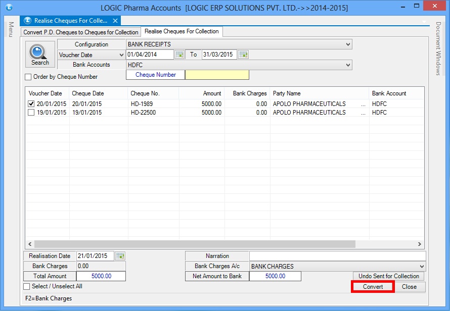 Realise Cheques For Collection (Receipts)