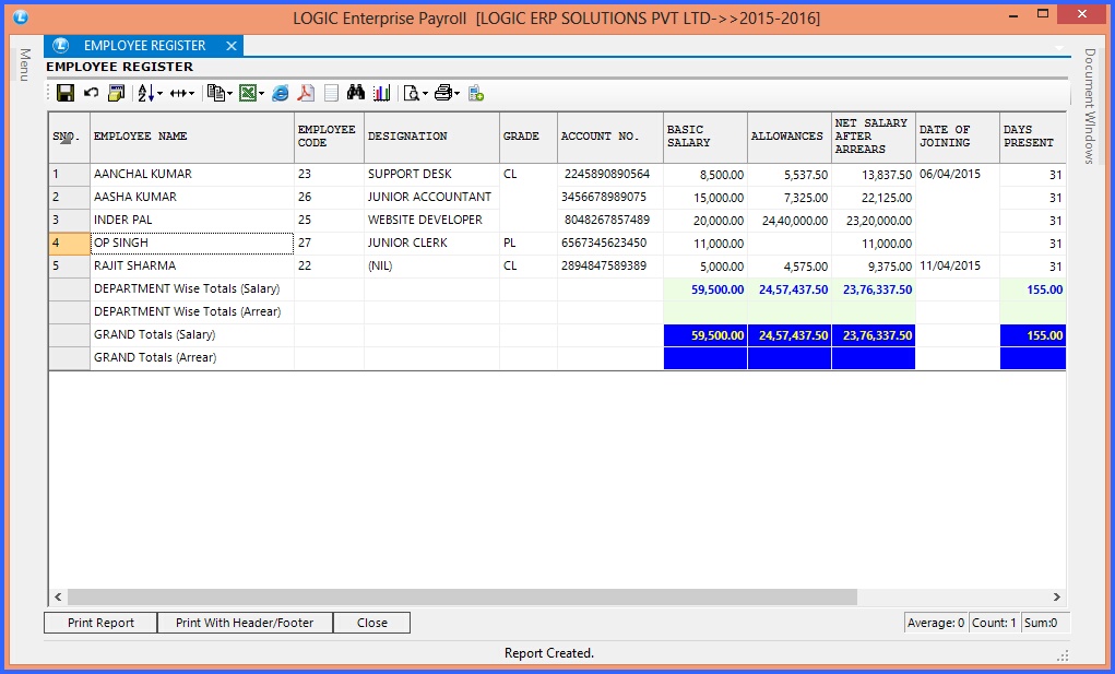 Payroll > Payroll Reports > Employee Register