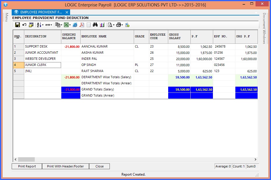 Payroll > Payroll Reports > Payroll Summary Report > Employee Provident ...