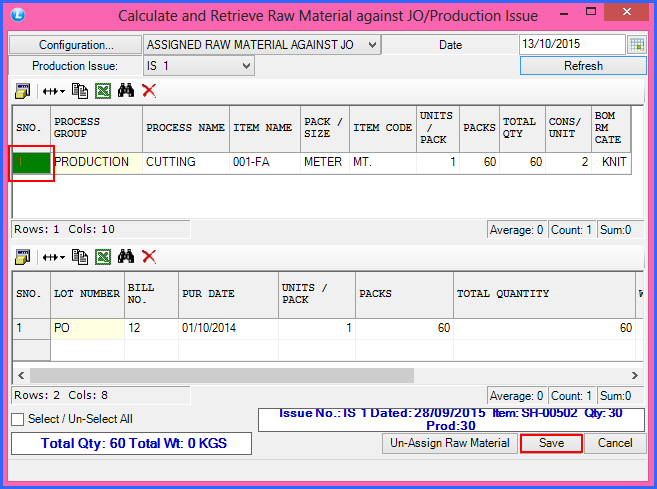Production > Production Process > Issue Assigned Raw Material- Internal