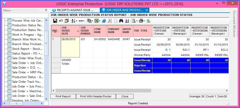 Production > Production Reports > Finished Good Reports > Job Order ...