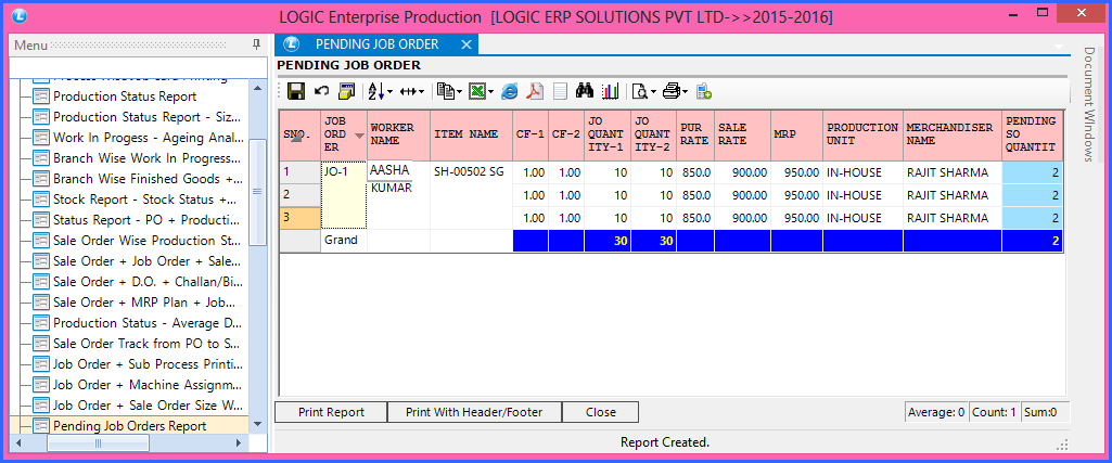 Production > Production Reports > Finished Good Reports > Pending Job ...