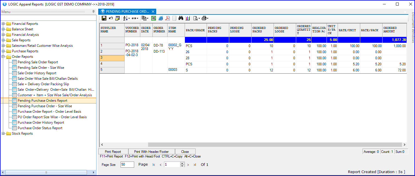 Purchase/Stock In Process > Reports > Purchase Order Register > Pending ...