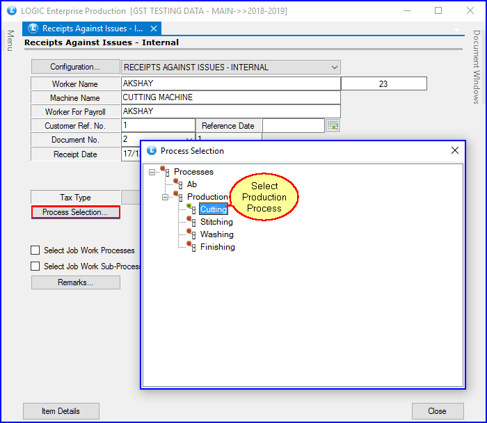 Production > Production Process > Receipts against Issues- Internal