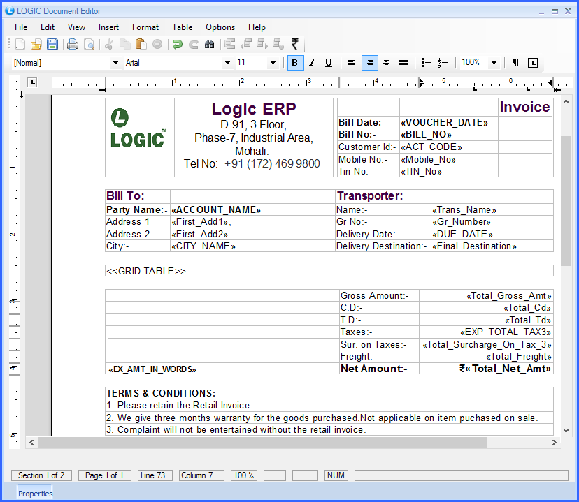 Sale Bill Print Designer (.Net) > How to Design Sale Bill? > Footer