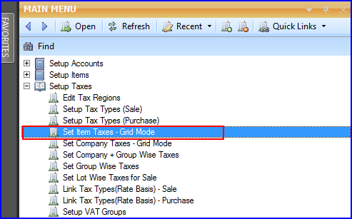 Master Creation > Tax Master > Setup Item Taxes - Grid Mode
