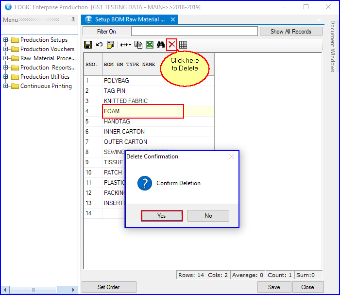 Production > Setups > Setup BOM Raw Material Types