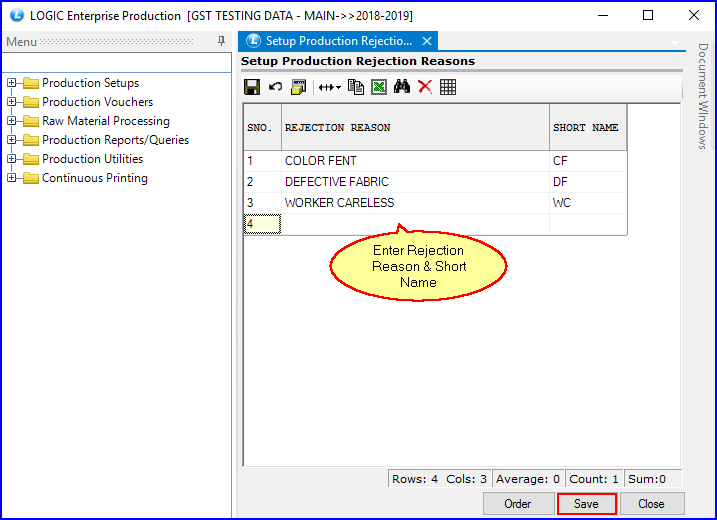 Production > Setups > Setup Production Rejection Reason