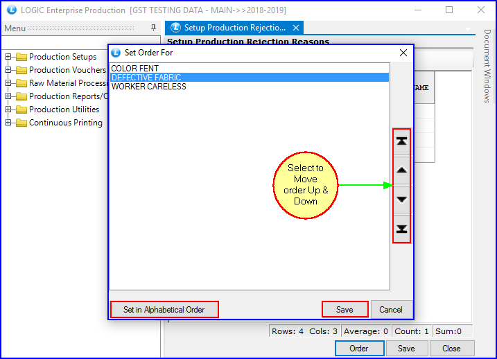 Production > Setups > Setup Production Rejection Reason