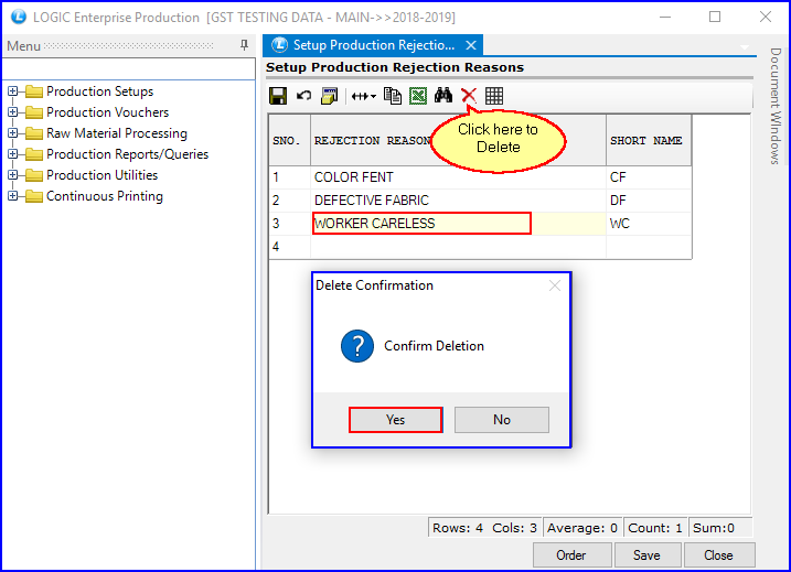 Production > Setups > Setup Production Rejection Reason