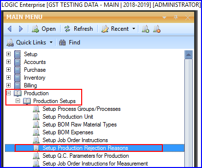 Production > Setups > Setup Production Rejection Reason