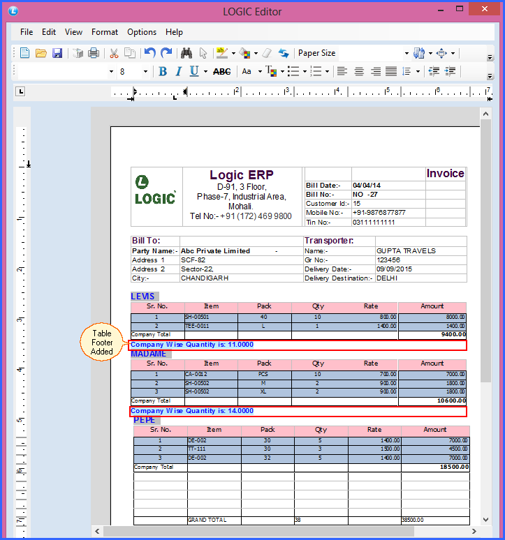 Sale Bill Print Designer (.Net) > How to Design Sale Bill? > Item ...